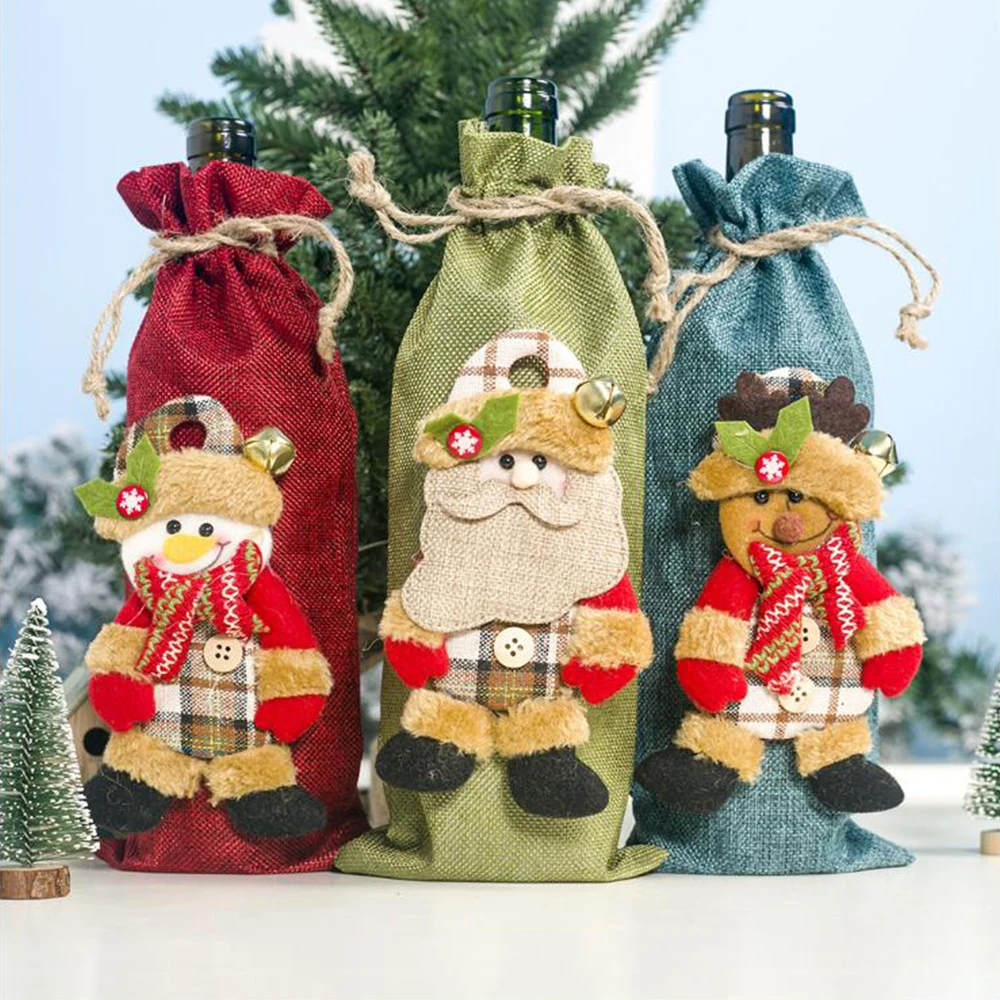 1pcs Christmas Red Wine Bottle Covers Bag Santa Clause Snowman Linen ...