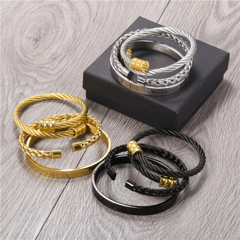 3Pcs-Set-Gold-Silver-Color-stainless-steel-Braided-bracelet-Roman ...
