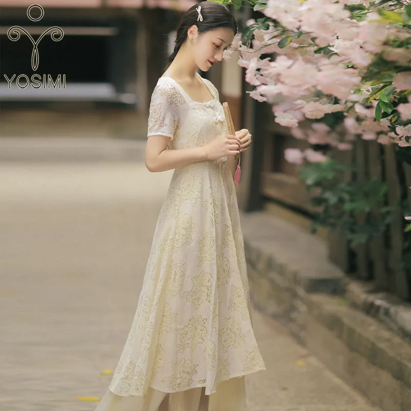 YOSIMI Beige Lace Long Women Dress Elegant 2021 Summer Short Sleeve Mid ...