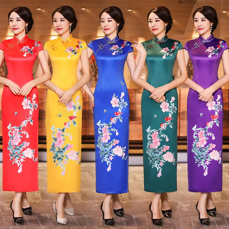 FZSLCYIYI 5 Color Silk Cheongsam Dresses Retro Printing Long Qipao ...