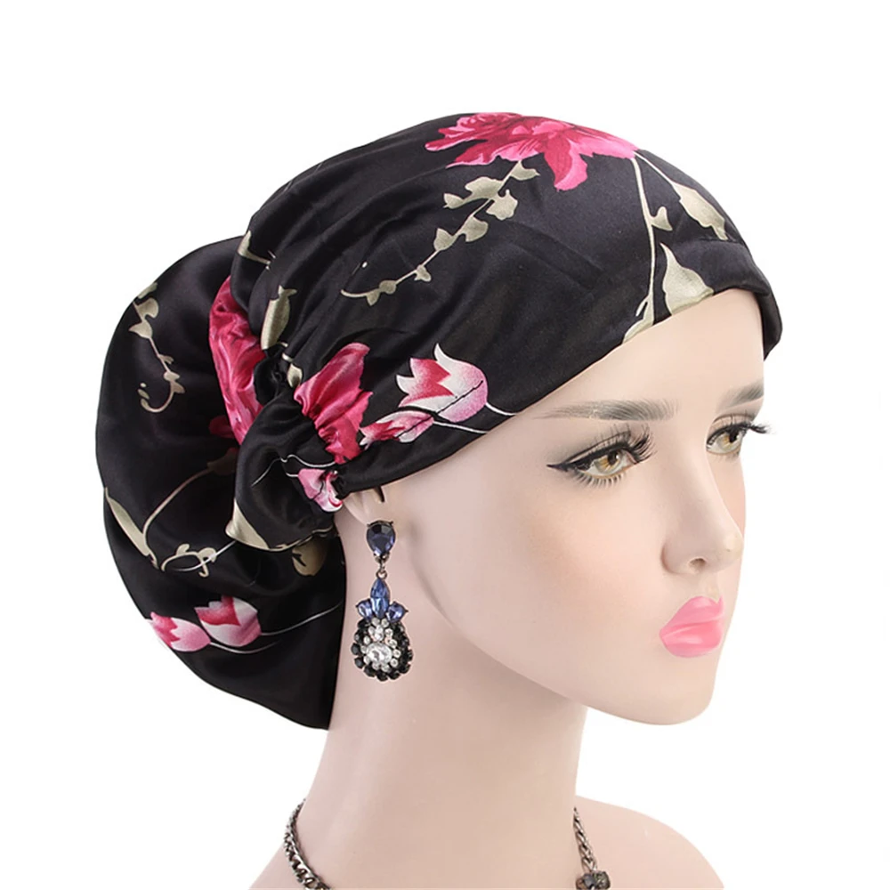 Women Satin Bow Muslim Hijab Caps Islamic Headscarf Flower Hat Bonnet ...