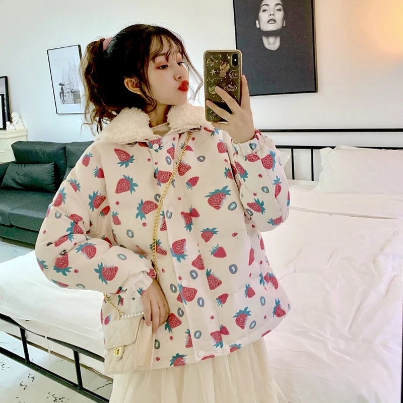 Woherb Women's Harajuku Parkas Kawaii Jacket Strawberry Print Winter ...