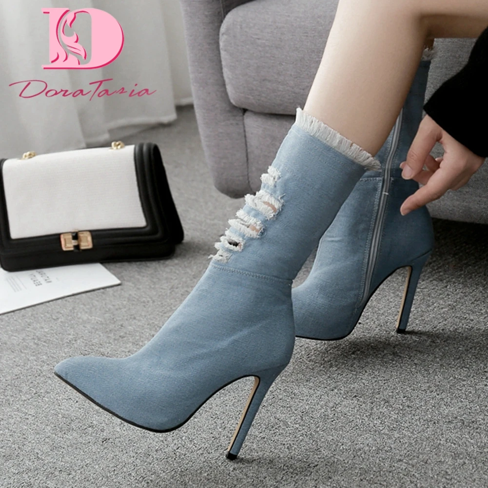 DoraTasia Brand New Female Denim Mid Calf Boots Pointed Toe Thin High ...