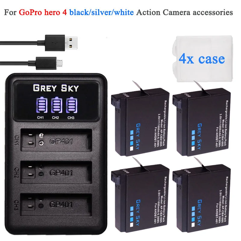 4pcs 1680mah Gopro Hero 4 Battery Replacement + Led 3-slots Usb Charger ...