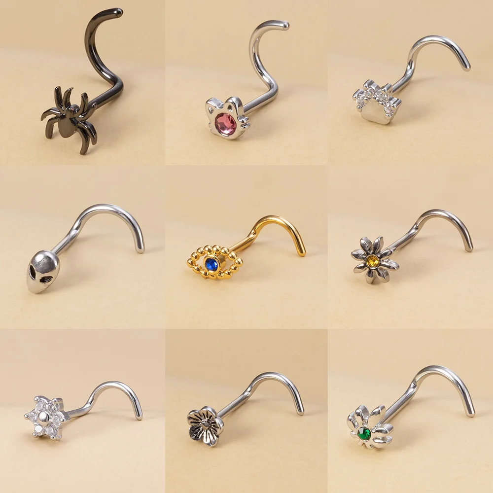 1PC-Eye-Cat-Flower-Alien-Paw-Spider-Screw-Bend-Nose-Piercing-Jewelry ...