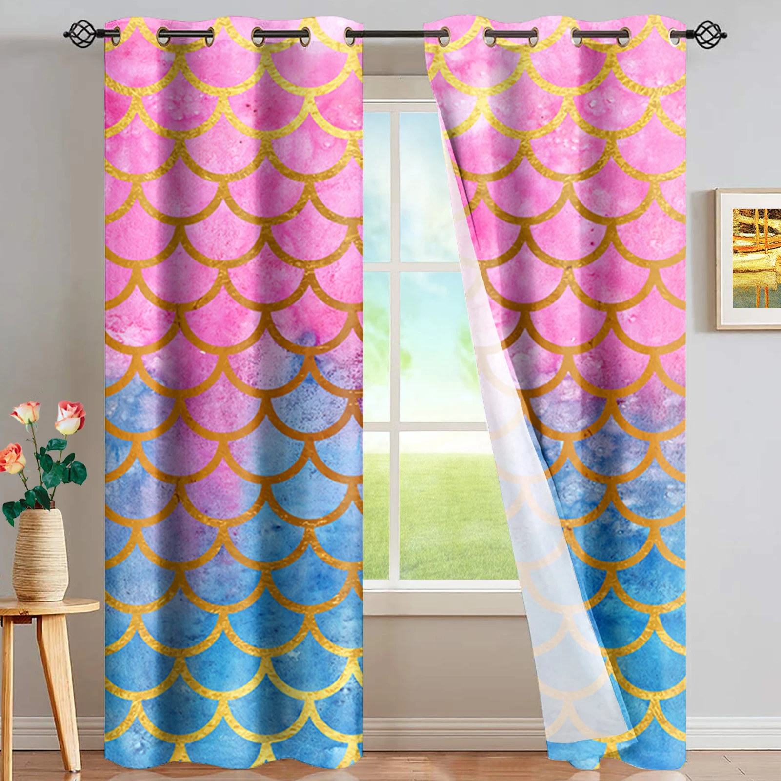 Mermaid Scales Ocean Rainbow Window Curtains Kitchen Indoor Decor Kids ...