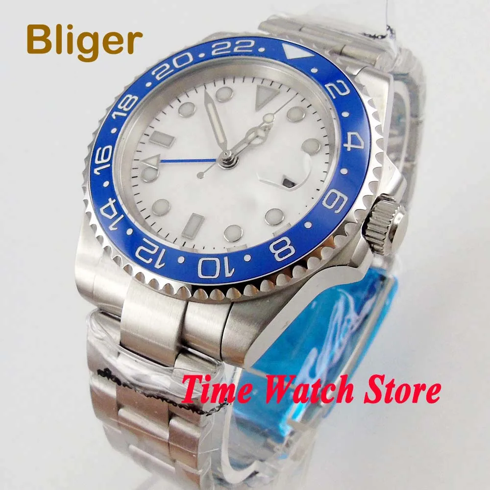Bliger 40mm No Logo Gmt 3804 Men's Watch Automatic White Dial Luminous ...