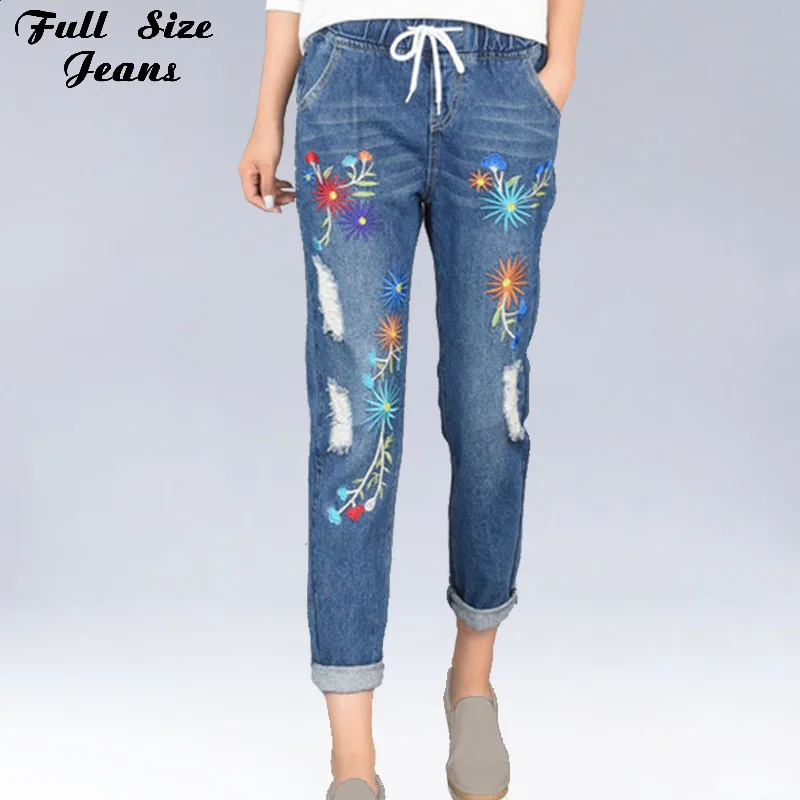 Plus Size Embroidery Hole Elastic Waist Loose Harem Jeans Oversized ...