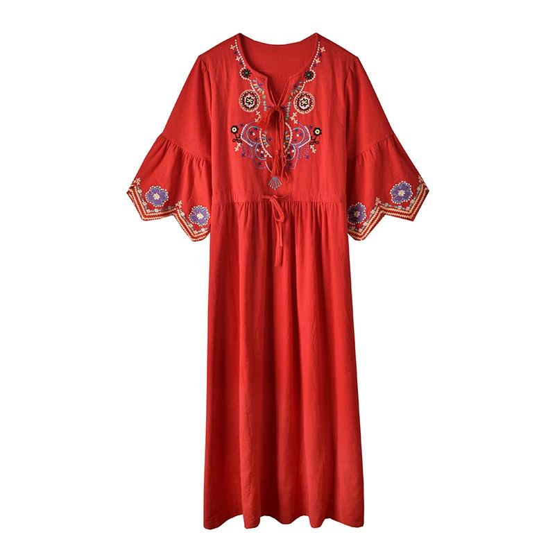 VSUE 여성 레드 화이트 오 넥 보우 꽃 자수 하프 슬리브 제국 미디 롱 드레스 인디 민속 휴일 여름 D2495|드레스 ...