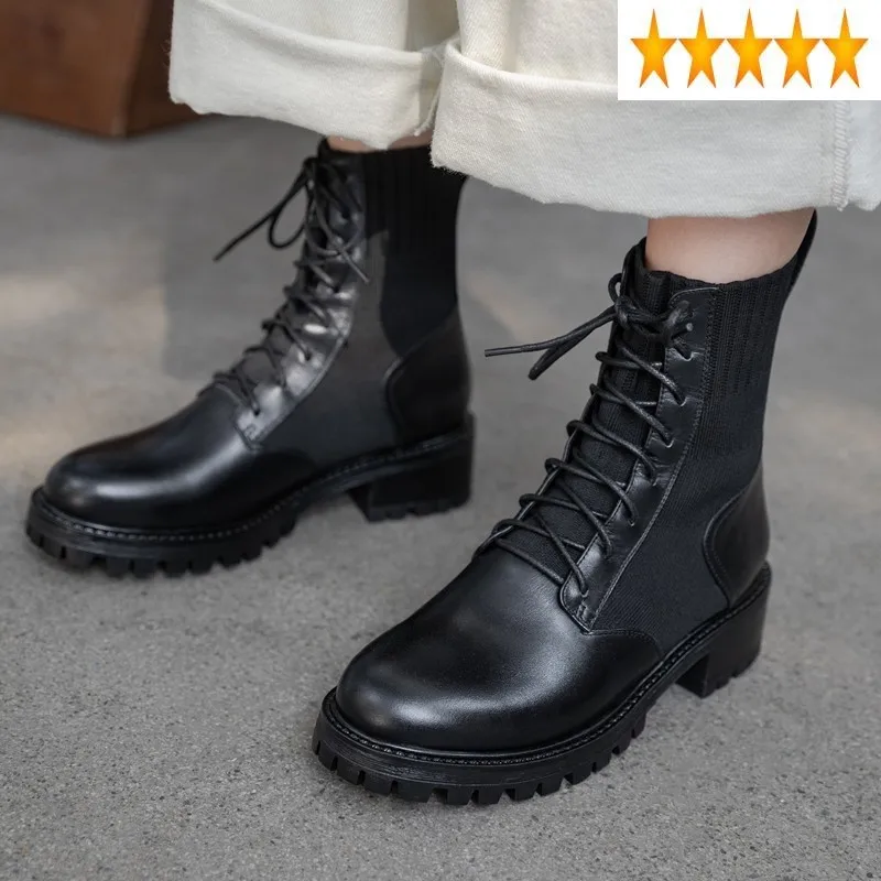 Botas elásticas de tela para mujer, zapatos de cuero genuino con ...