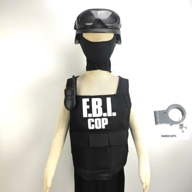 FBI Agent Police Uniform Bulletproof Vest & Helmet Costume Fancy Dress ...