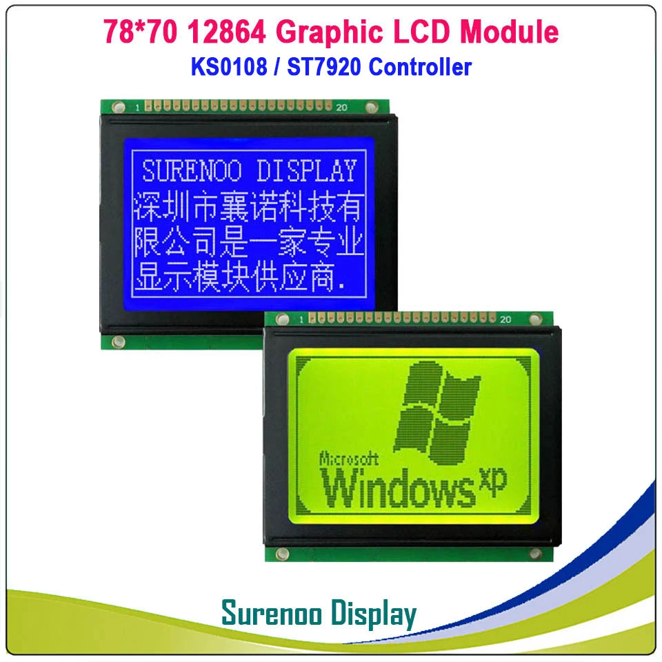 2.7" 78x70mm 12864 Graphic Matrix Lcd Module Display Screen Ks0108 St7920 Controller Yellow ...