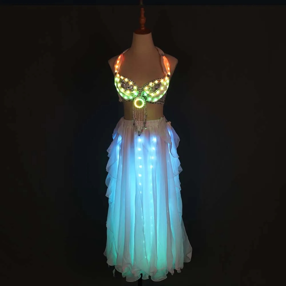 LED Color Lights Women Belly Dance Split Skirt Sexy Professional ...