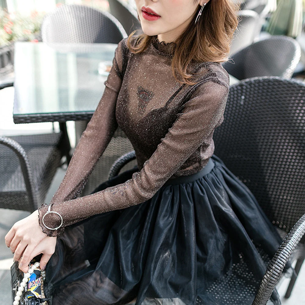 Women-Mesh-Sheer-T-Shirts-Party-Long-Sleeve-Blouses-All-matched-Popular ...