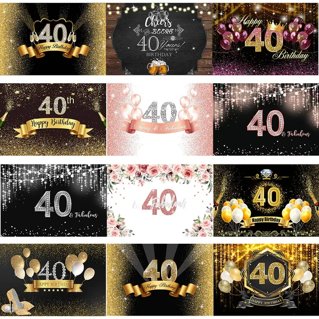 Mocsicka Happy 40th Birthday Backdrop Golden Glitter Balloon Flowers ...