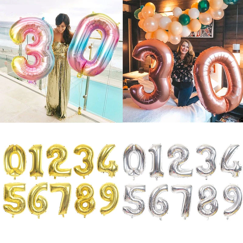 16/32/40 inch Number Foil Balloon Large Rainbow Rose Gold Silver ...