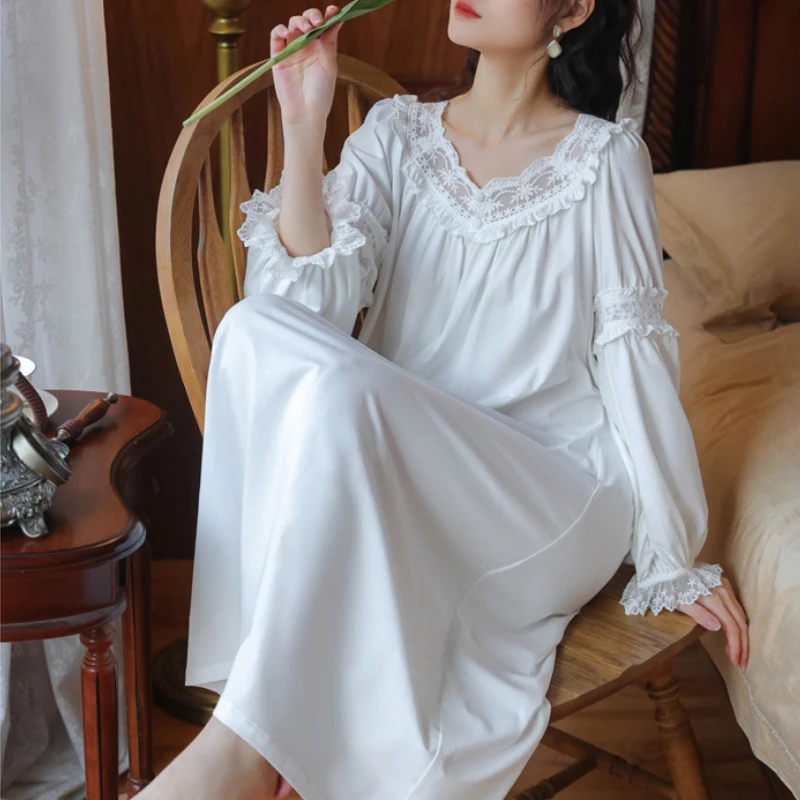 Cotton Victorian Night Dress Women Autumn White Long Robe Peignoir ...