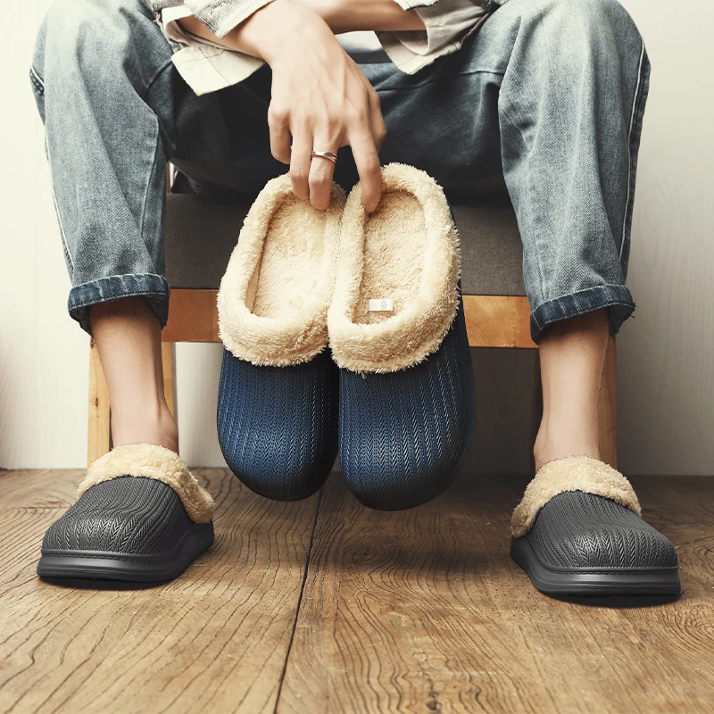 Home Slippers For Men Winter Furry Short Plush Man Slippers Non Slip ...