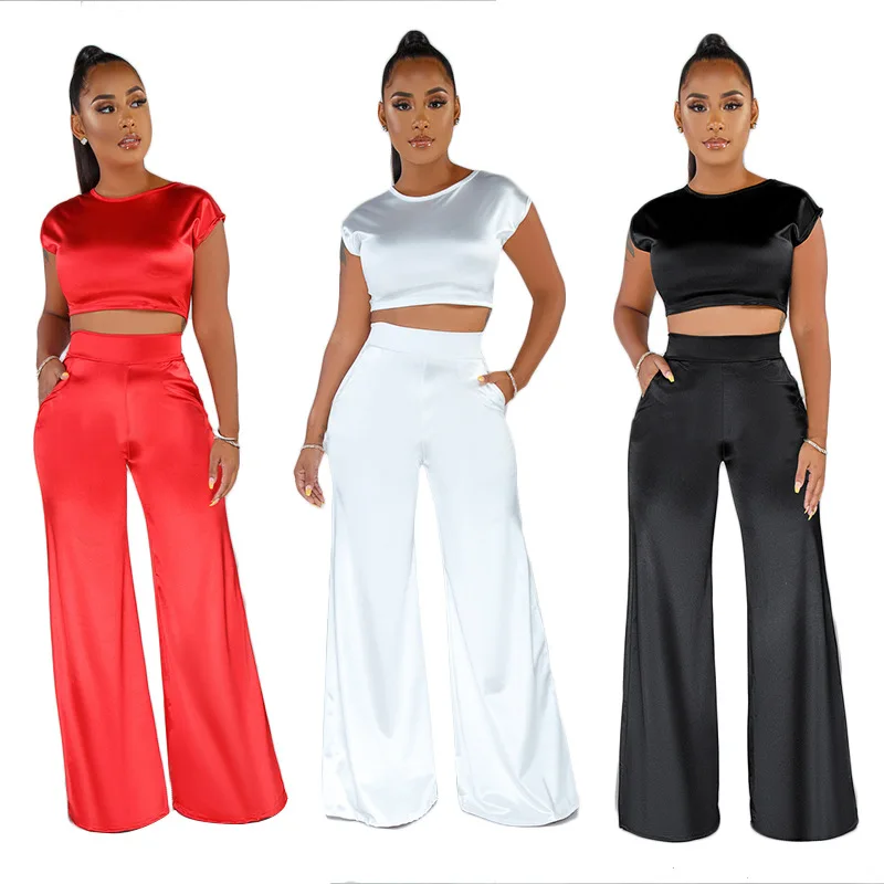 Satin 2 piece set women Short Sleeve Crop Top and wide Leg Long Pants ...