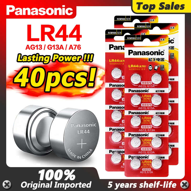 Panasonic 100% Original 40Pcs/4Packs 1.5v LR44 Button Battery AG13 A76 G13A LR1154 357A SR44 ...