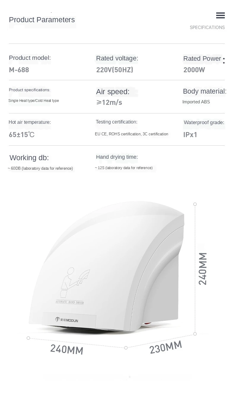 Wall-mounted smart hand dryer, automatic hand dryer, infrared sensor ...