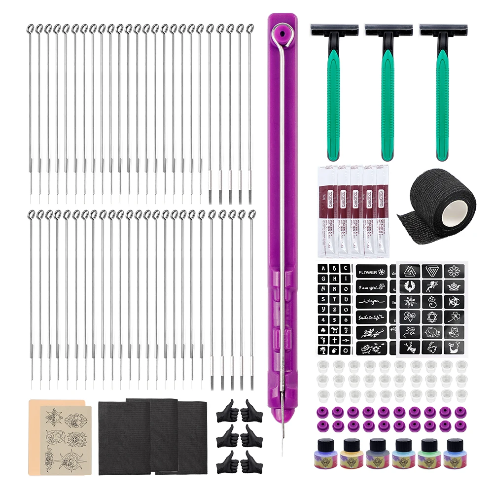 3d Hand Poke Stick Tattoo Kit Diy Tattoo Ink Gloves Ink Cup Tattoo Needles Set 1rl/3rl /5rl /7rl ...