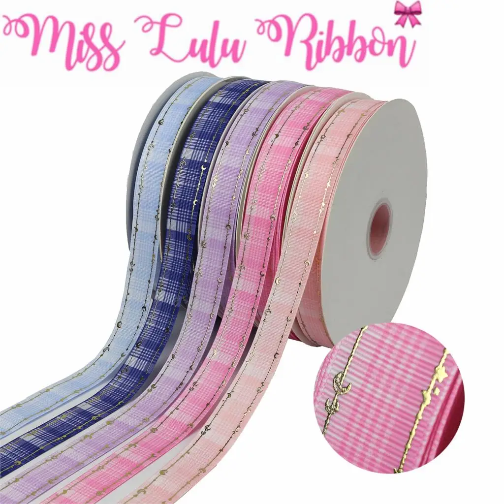 1"25mm Double Face Moon Gold Foil Colorful Check Printed Grsograin ...