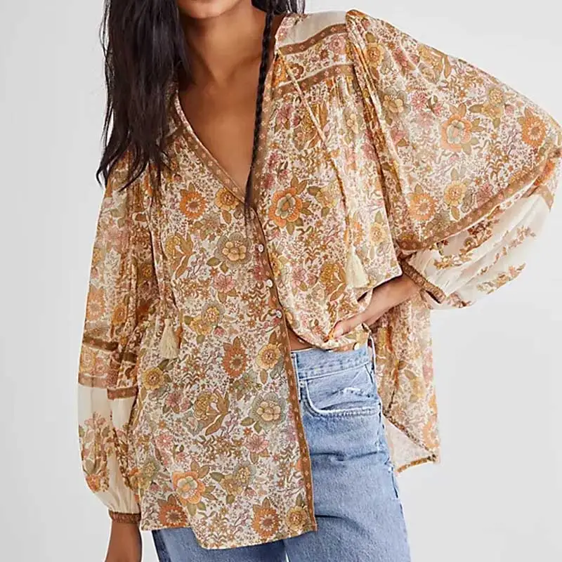 Super Chic Boho Blouse For Women Floral Print Buttons V-neck Tassel ...