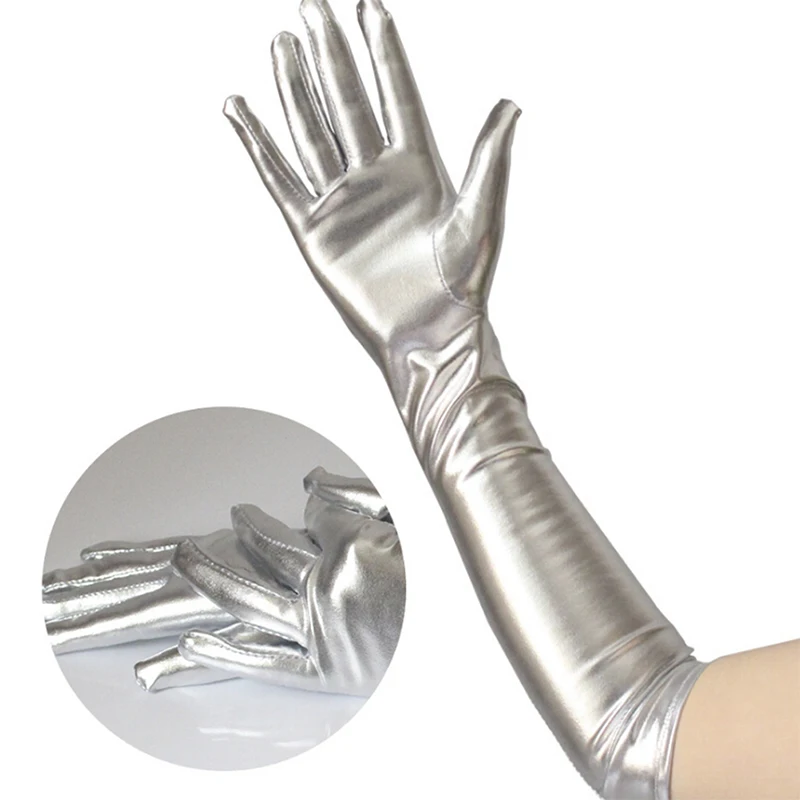 Gold Silver Wet Look Fake Leather Metallic Gloves Evening Party ...