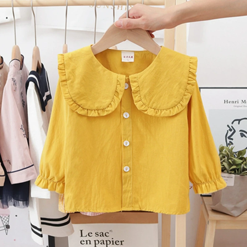 Girls Blouses Cotton Shirts Jacquard Kids Flare Sleeve Tops Ruffles ...