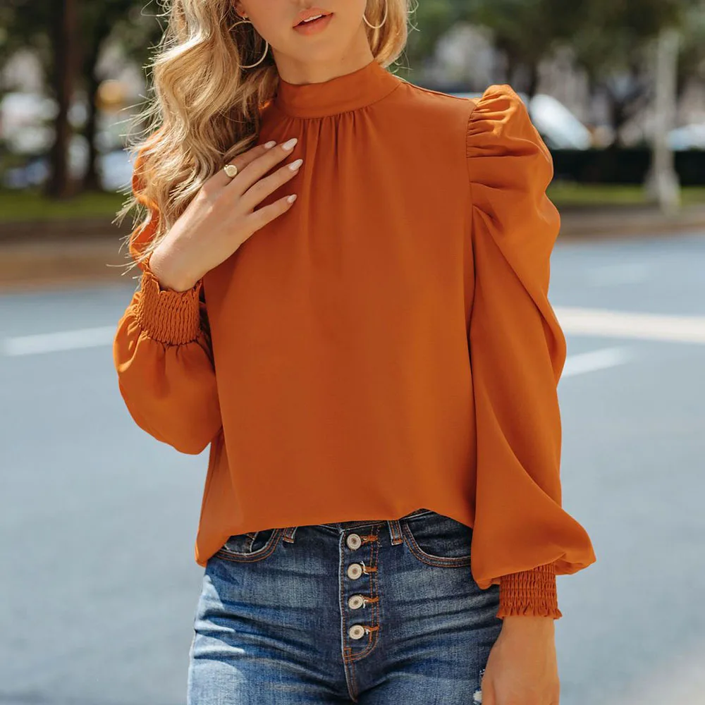 Spring-And-Autumn-Women-s-Orange-Shirt-Pullover-Tops-Fashion-O-Neck ...