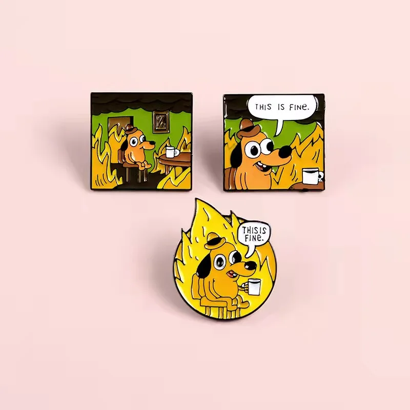 Cartoon-Humor-Enamel-Pins-Dog-This-Is-Fine-Enamel-Pins-Fire-Cute ...