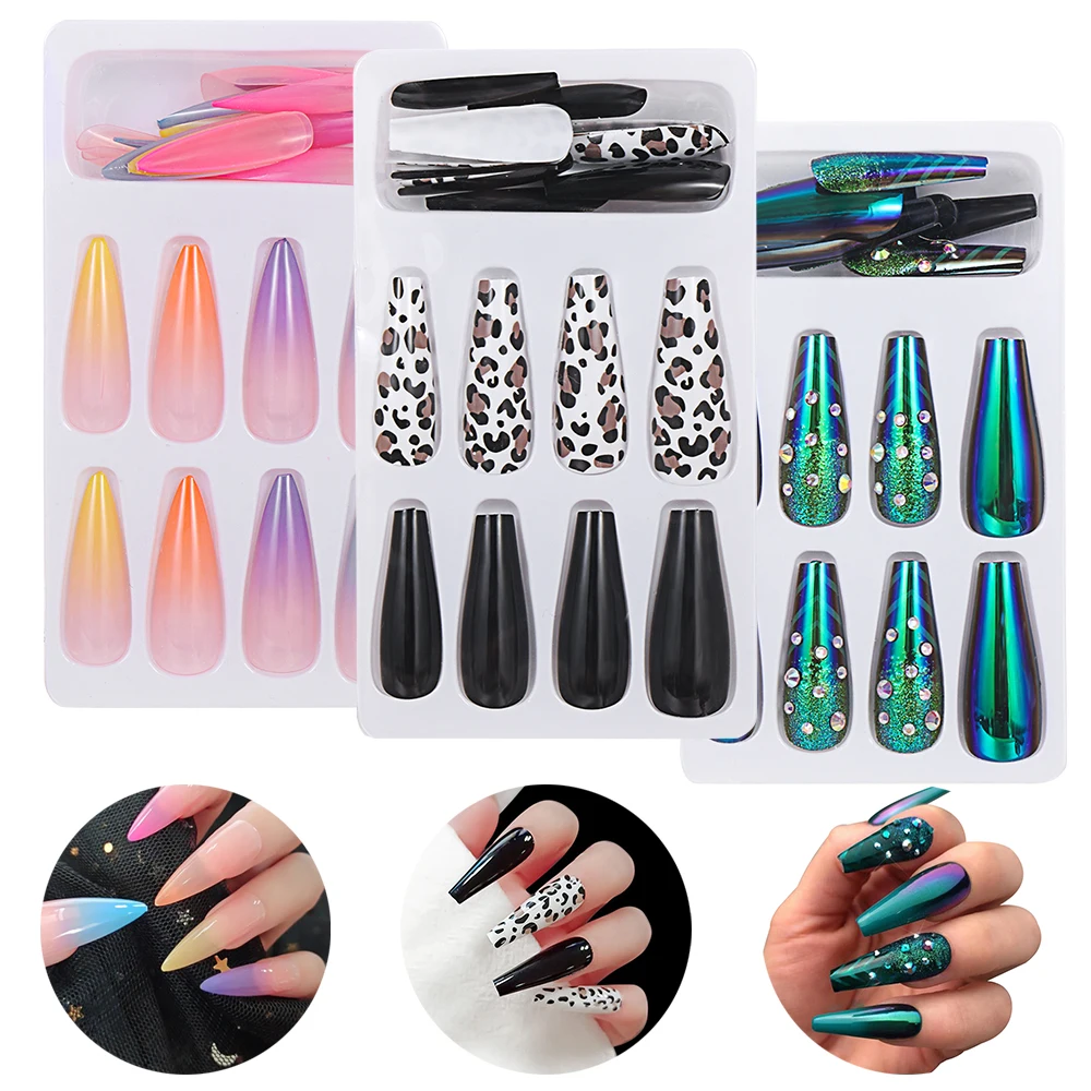 24PCS Fashion Colorful False Nails Long Detachable French Fake Nail ...