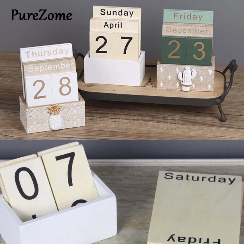 Home Décor Vintage Wood Perpetual Calendar Picture Frame Table Desk ...