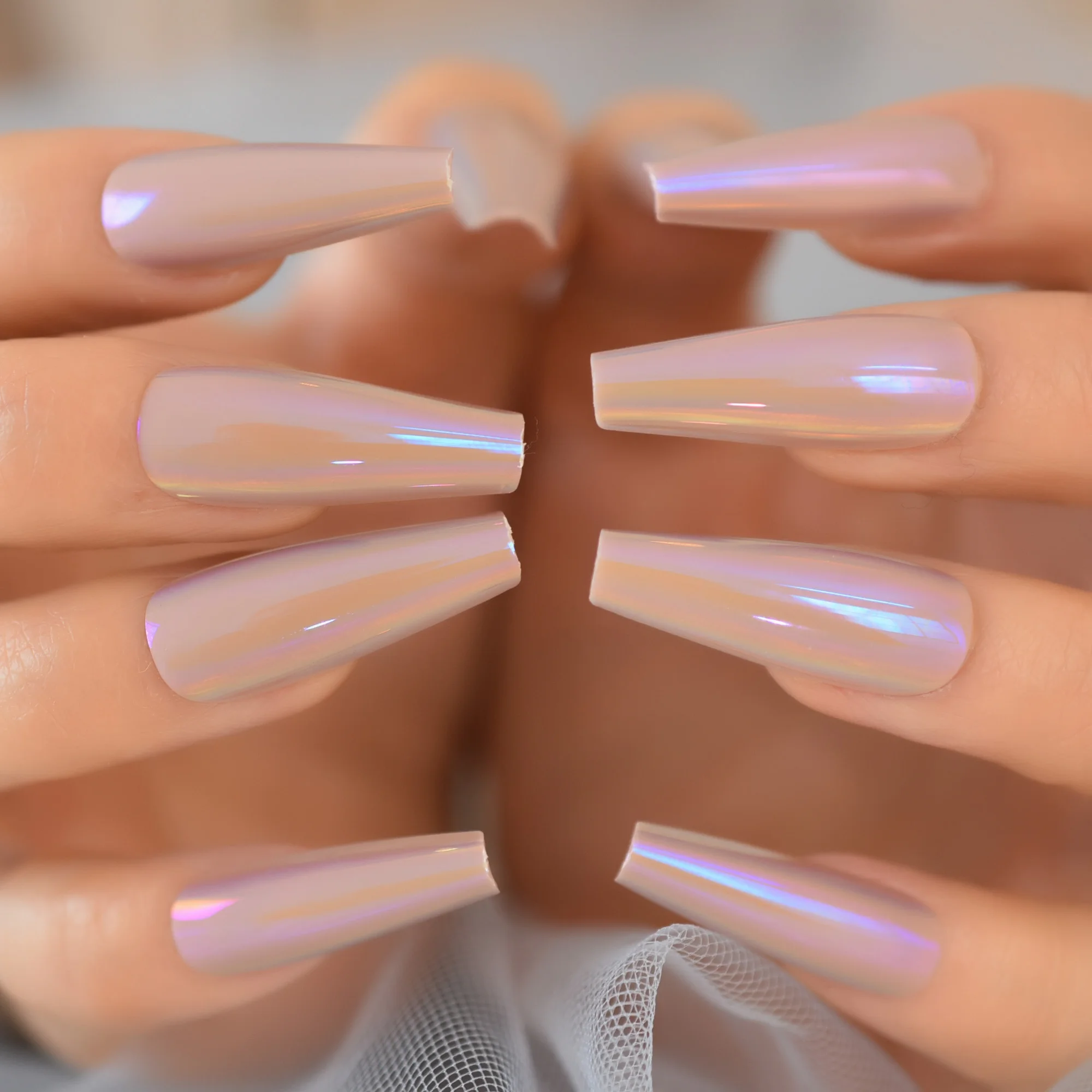 Acrylic Fake Press On Nail Chrome Pink Gel Rainbow False Artificial ...