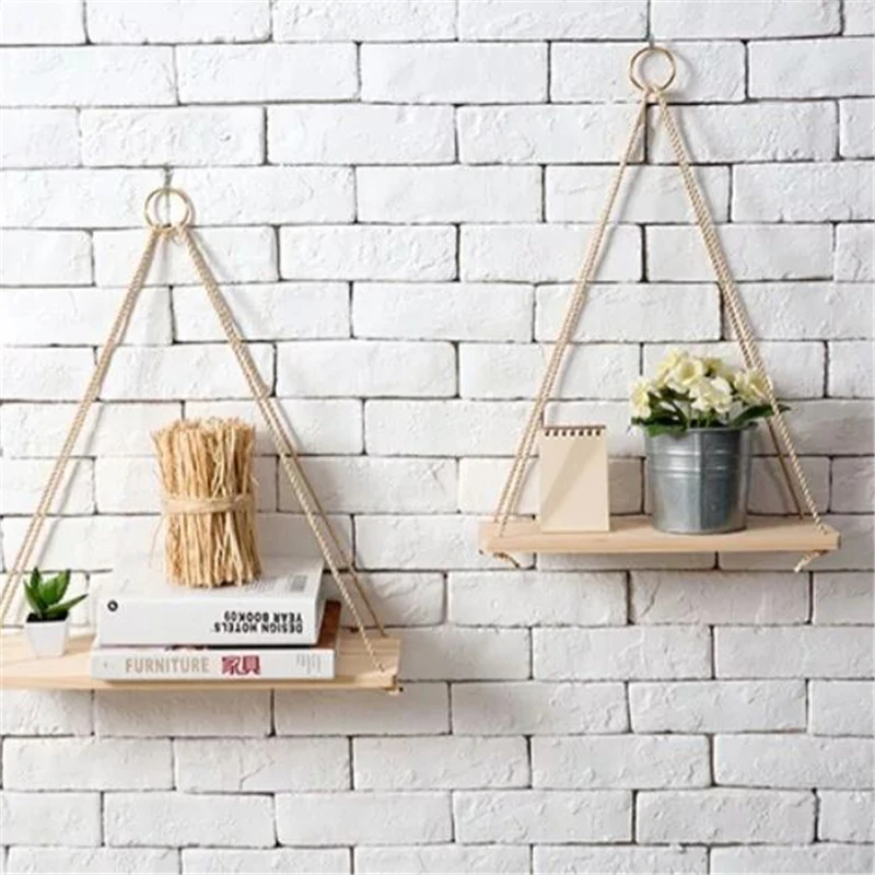 Wood Hanging Shelf Nordic Wall Shelf Twine Wooden Solid Wood Shelf Home ...