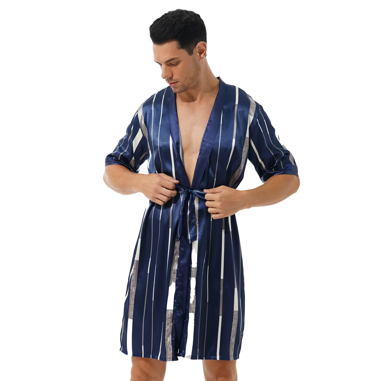 Men Striped Pijamas Fashion Letter Print Satin Open Front Bathrobe ...