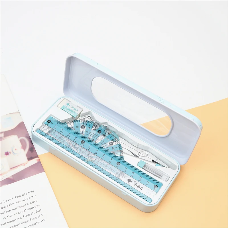 Regle - equerre,Règle de boîte en métal,7 pièces,boussole,gomme ...