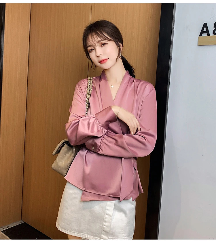 Корейские модные шелковые женские блузки атласные женские топы и ...