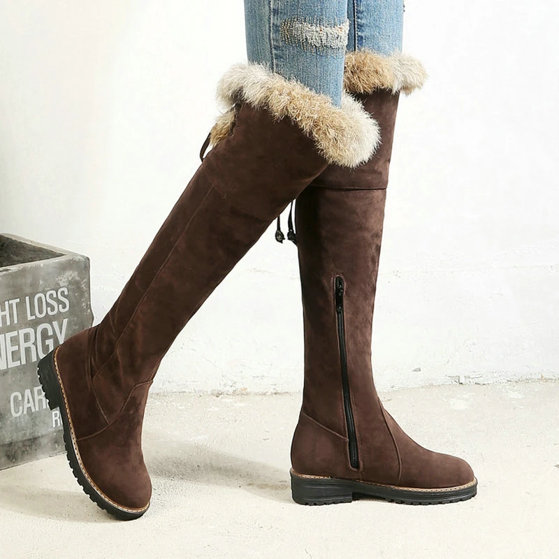 Real-Rabbit-Fur-Decoration-Women-Winter-Boots-Frosted-Flat-with-Round ...