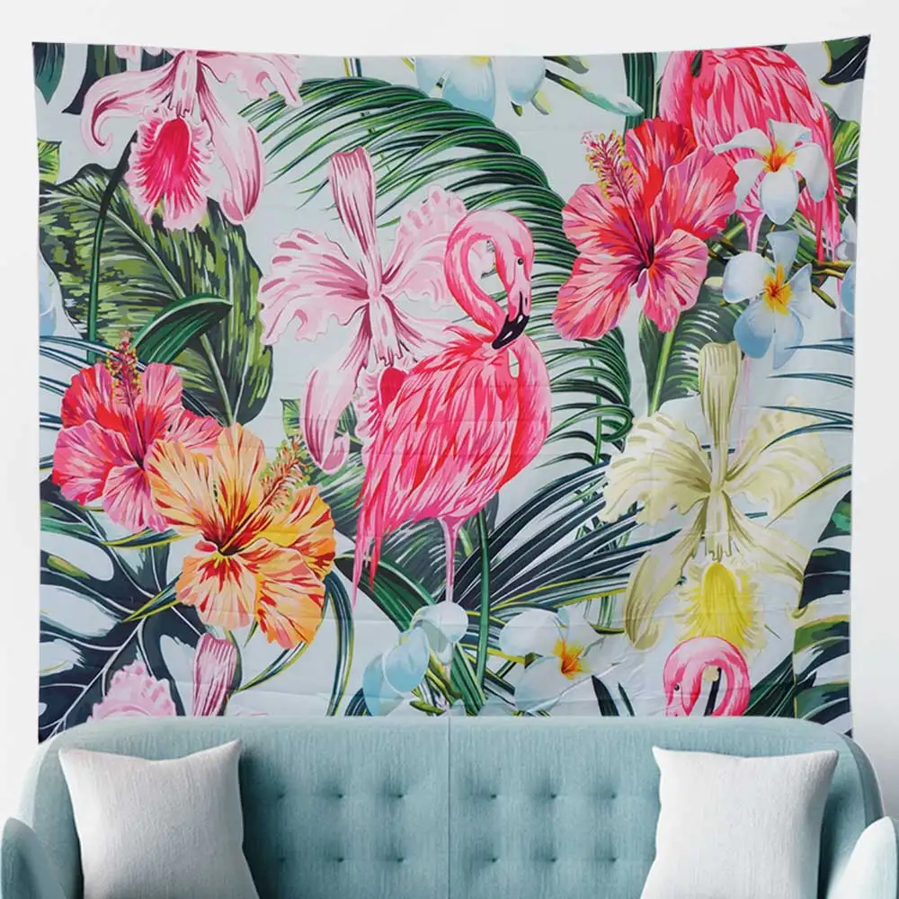 Pink Flamingo Tapestry Wall Hanging Tropical Palm Leaves Decorative ...