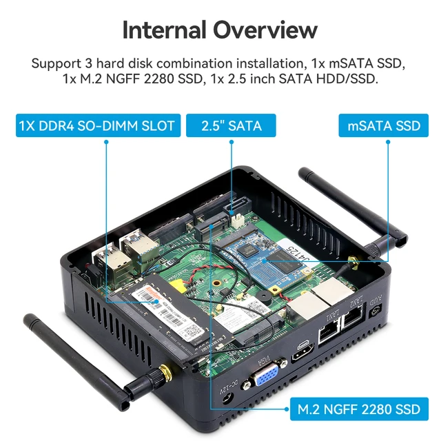 XCY Fanless Mini PC Intel Celeron J4125 Dual Gigabit Ethernet 2x RS232 HDMI VGA 4xUSB WiFi ...