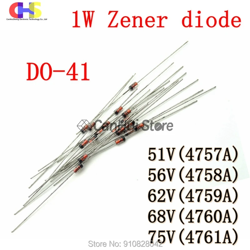 Diodo Zener de 1W, 20 piezas, DO-41, 51V, 56V, 62V, 68V, 75V, 1N4757A ...
