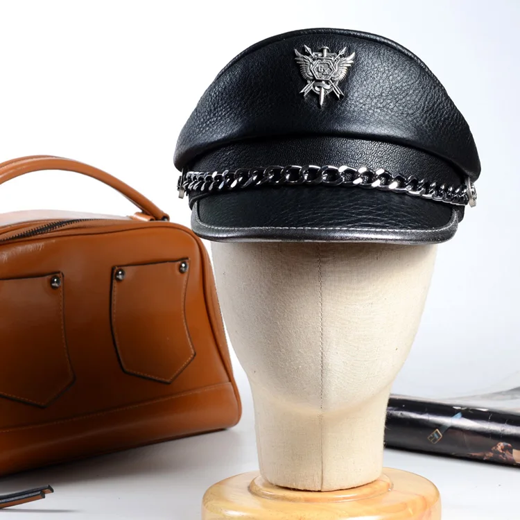 Men's Women's Real Leather Military Service Cap Punk Germany Army/Navy ...