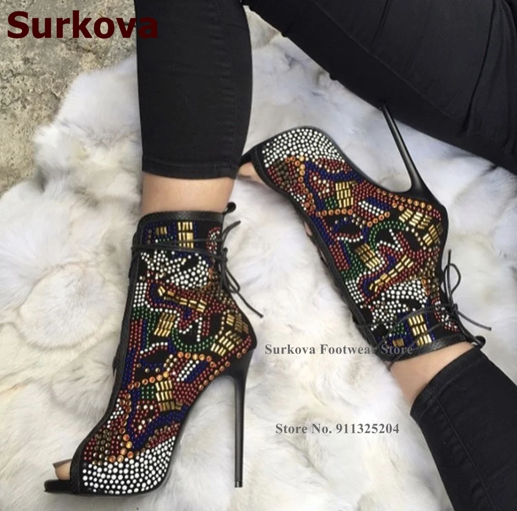 Rhinestone Heel Ankle Booties | Rhinestone Open Toe Booties - Multi ...