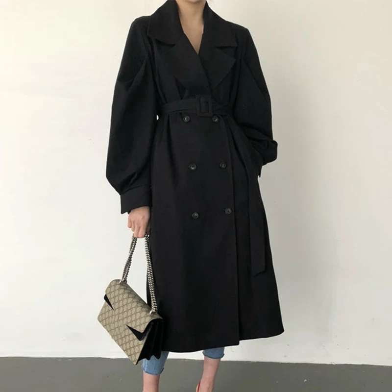 Двубортный длинный Тренч с поясом, Женское пальто, отложной воротник ...