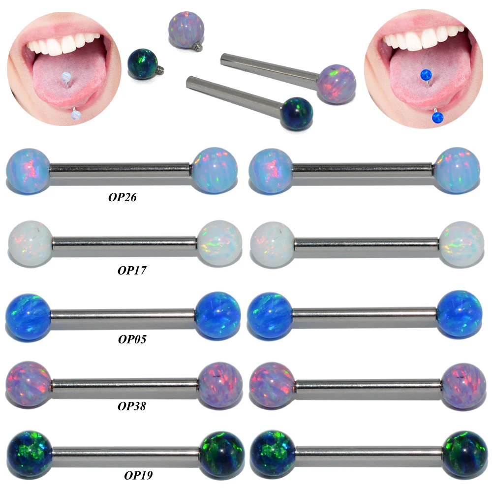 1PC Surgical Steel Tongue Ring Piercing Opal Internally Threaded Sexy ...
