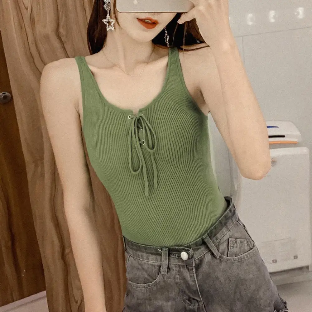 Summer-Women-Ribbed-Sleeveless-Scoop-Neck-Front-Drawstring-Knit-Tank ...