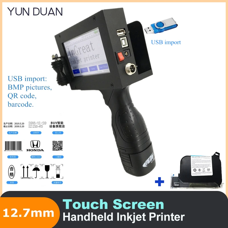 12.7mm Handheld Inkjet Printer Touch Screen Laser coder 600DPI USB QR ...