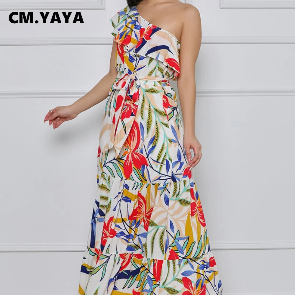 CM.YAYA Women Long Dress Print Sleeveless Diagonal Collar Ruffles Loose ...